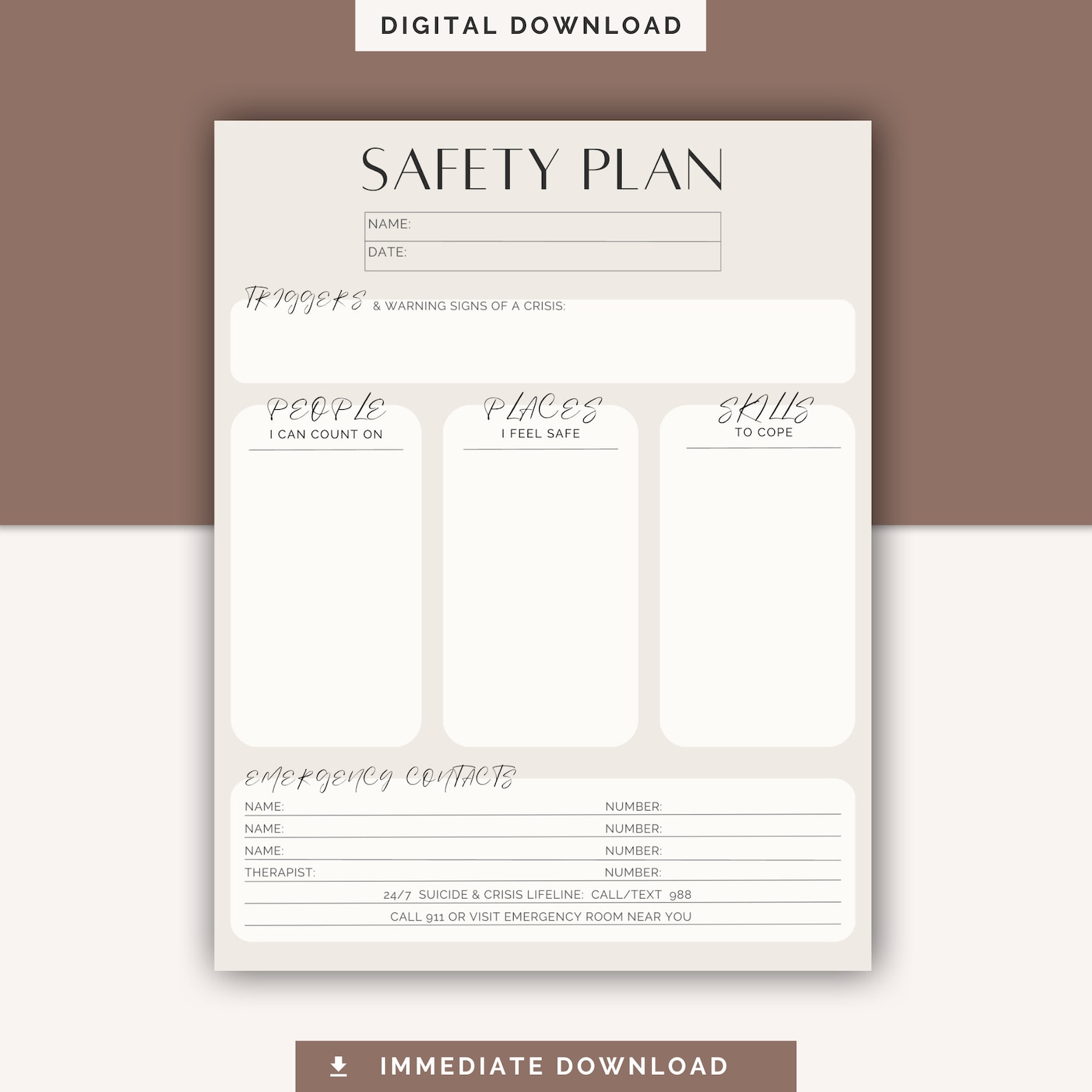 Mental Health Crisis Safety Plan, Therapists, School Counselors ...