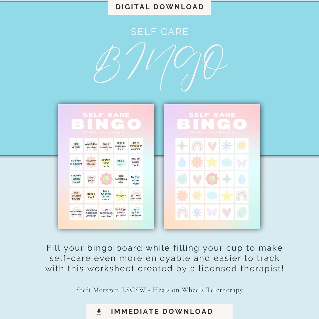 Self Care Bingo Worksheet, Therapy and Self Help Worksheet - Digital ...