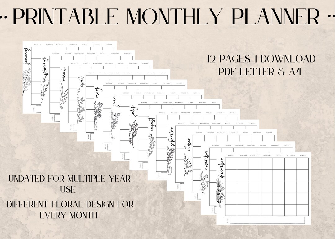 Planificador mensual imprimible sin fecha / Planificador mensual floral ...
