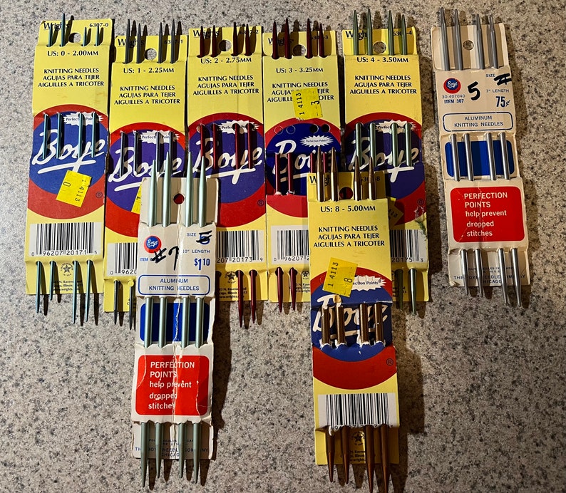 Set of 8 Boye Aluminum Double Pointed 7 Knitting Needles, Sizes 0, 1, 2 ...