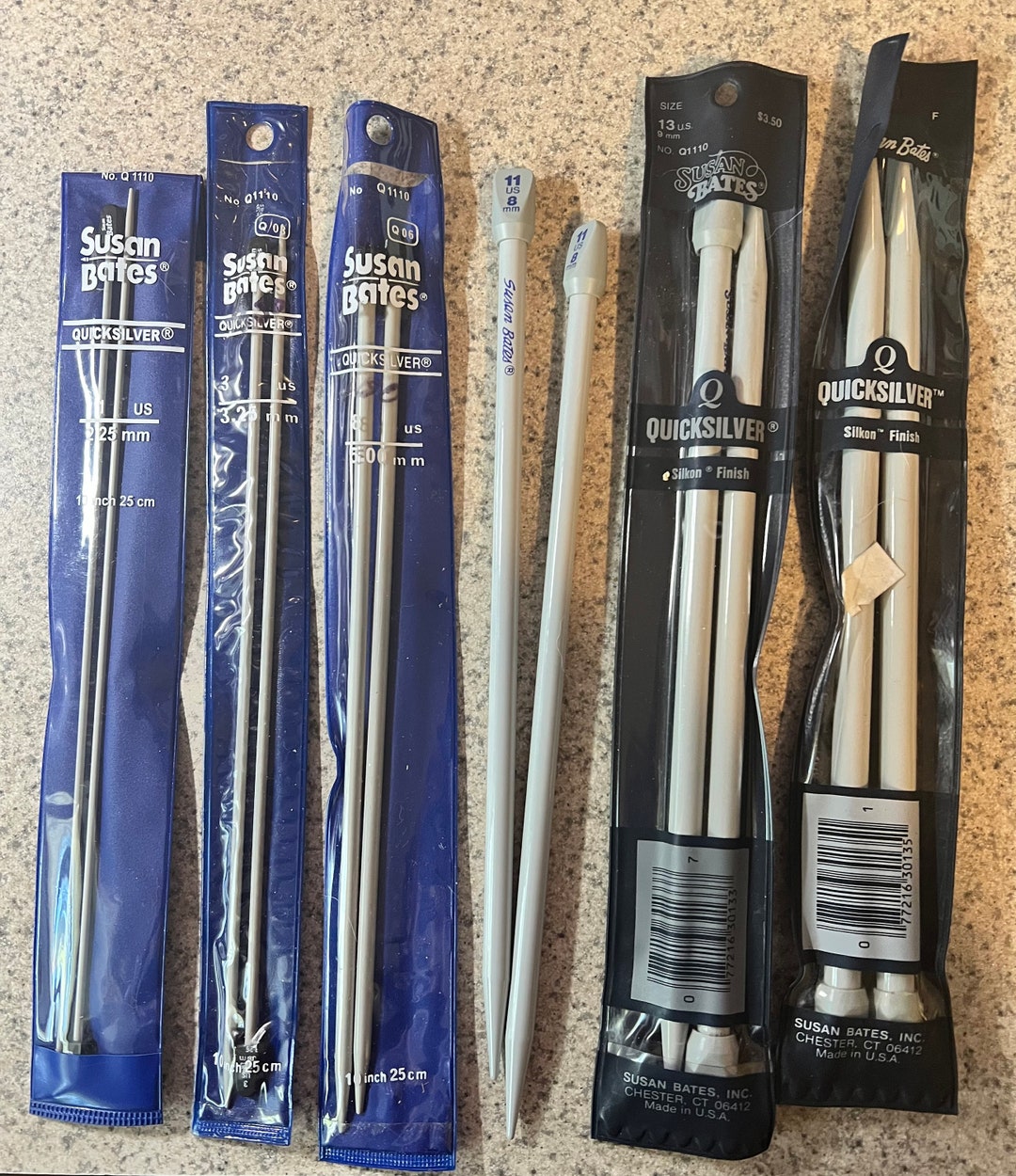 Set of Six 10 Susan Bates Quicksilver Knitting Needles, Sizes 1, 3, 8 ...