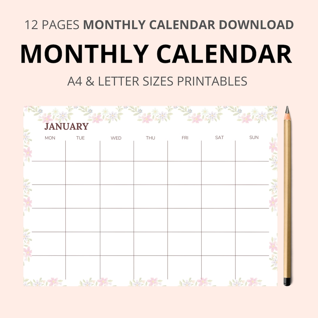 Monthly Styled Blank Calendar, Printable Calendar, Monthly Blank ...