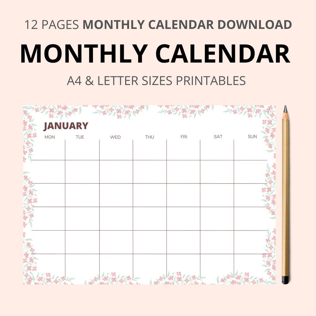 Monthly Styled Blank Calendar, Printable Calendar, Monthly Blank ...