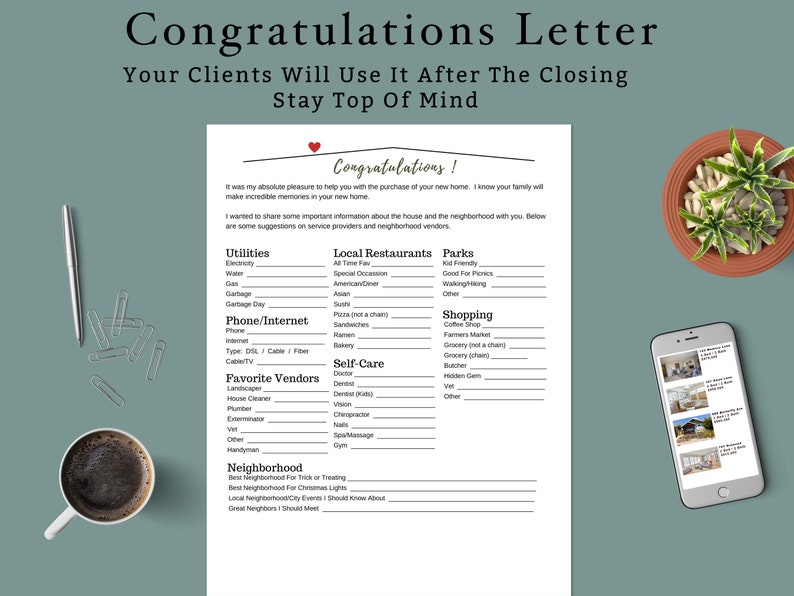 Congratulations Letter for New Home Owner; Instant Download; Realtor ...