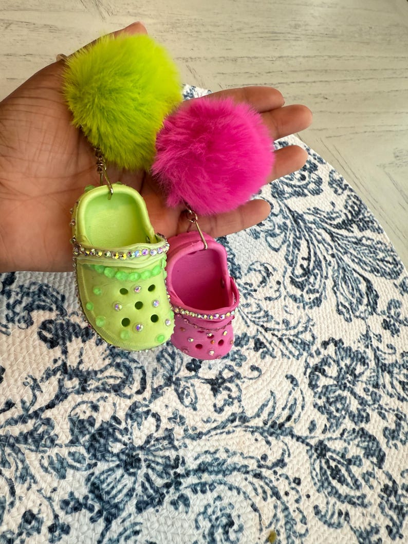 Miniature Rhinestoned Bedazzled Croc Keychain With Colorful Pom Pom ...