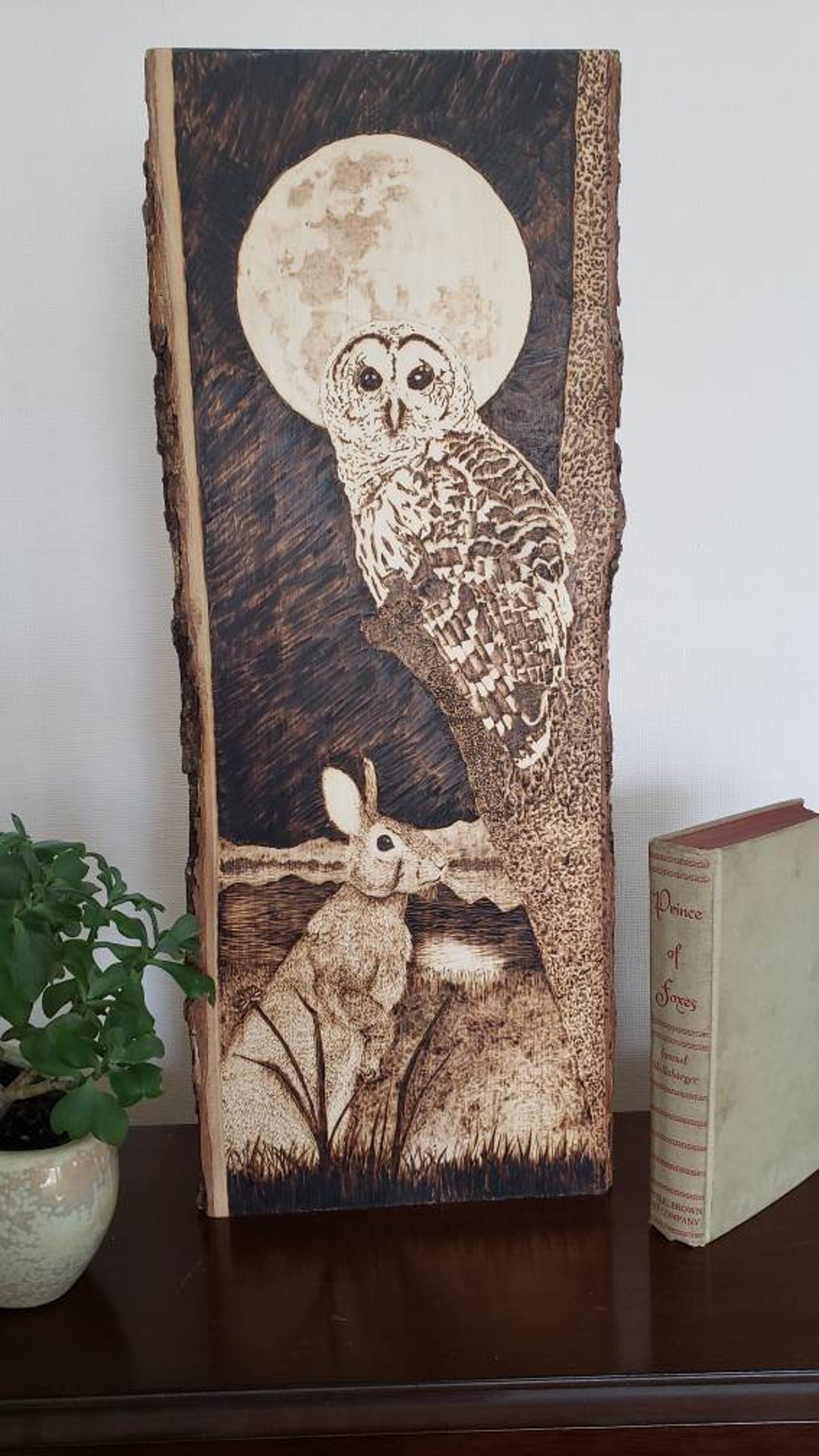 Owl & Rabbit Pyrography Wood Burn on Live Edge Basswood - Etsy