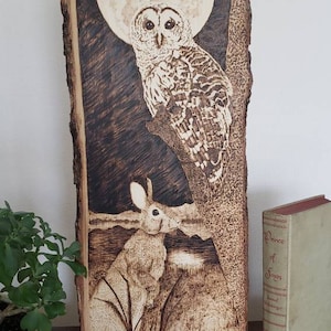 Owl & Rabbit Pyrography Wood Burn on Live Edge Basswood - Etsy
