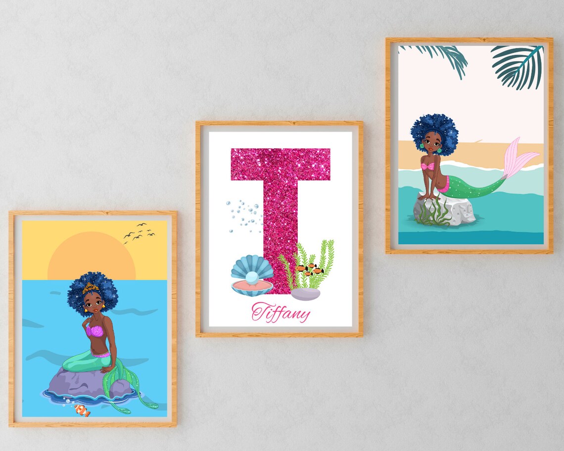 Printable Curly Hair Mermaid Mermaid Wall Art Brown Skin - Etsy