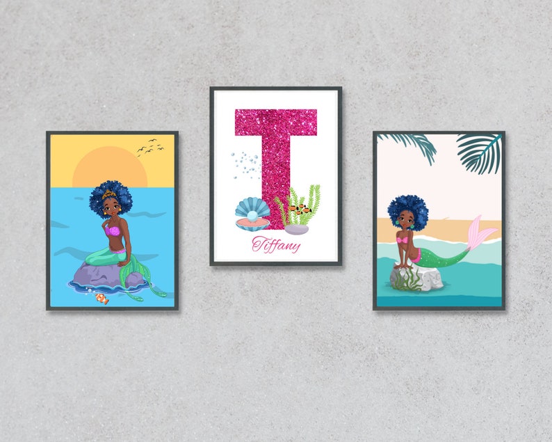 Printable Curly Hair Mermaid | Mermaid Wall Art | Brown Skin Mermaid ...