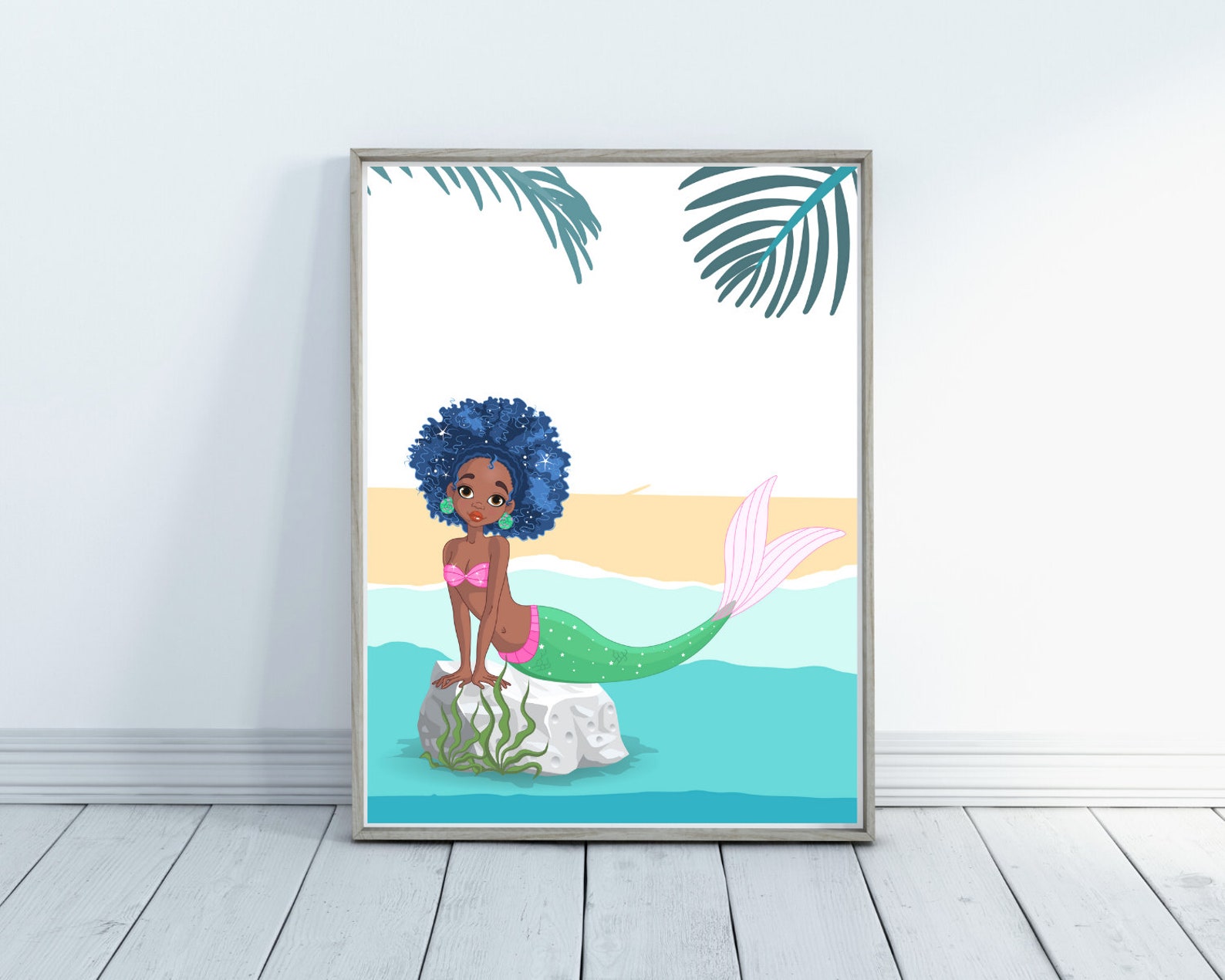 Printable Curly Hair Mermaid Mermaid Wall Art Brown Skin | Etsy