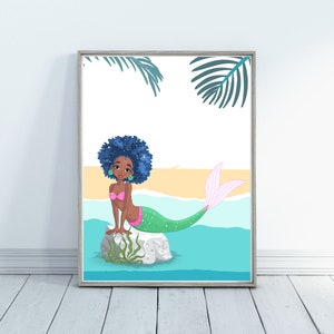 Printable Curly Hair Mermaid Mermaid Wall Art Brown Skin | Etsy