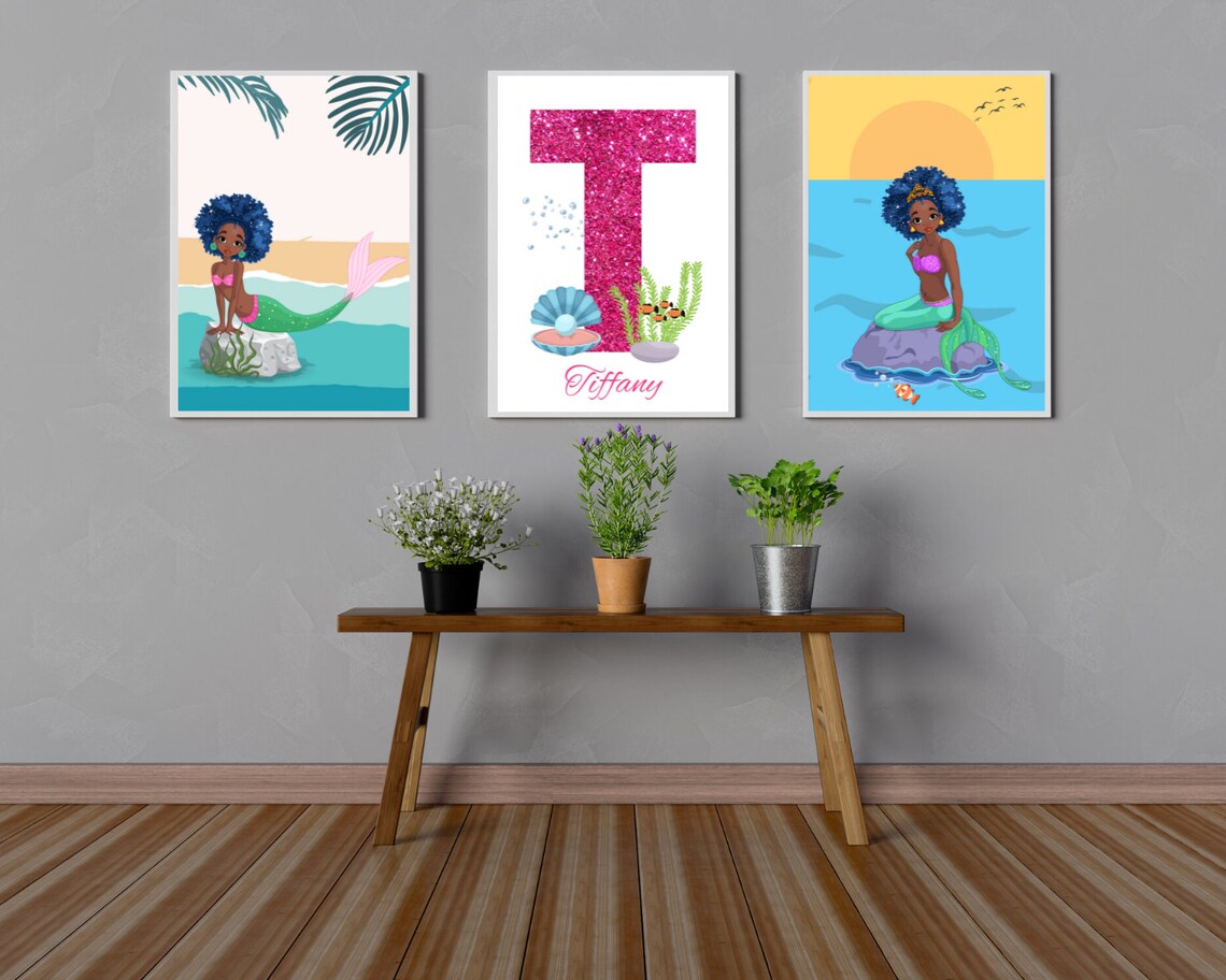Printable Curly Hair Mermaid Mermaid Wall Art Brown Skin - Etsy