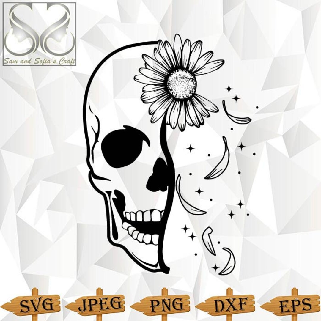 Daisy Skull Svg Png | Skull Svg | Skull With Flower Svg | Floral Skull ...