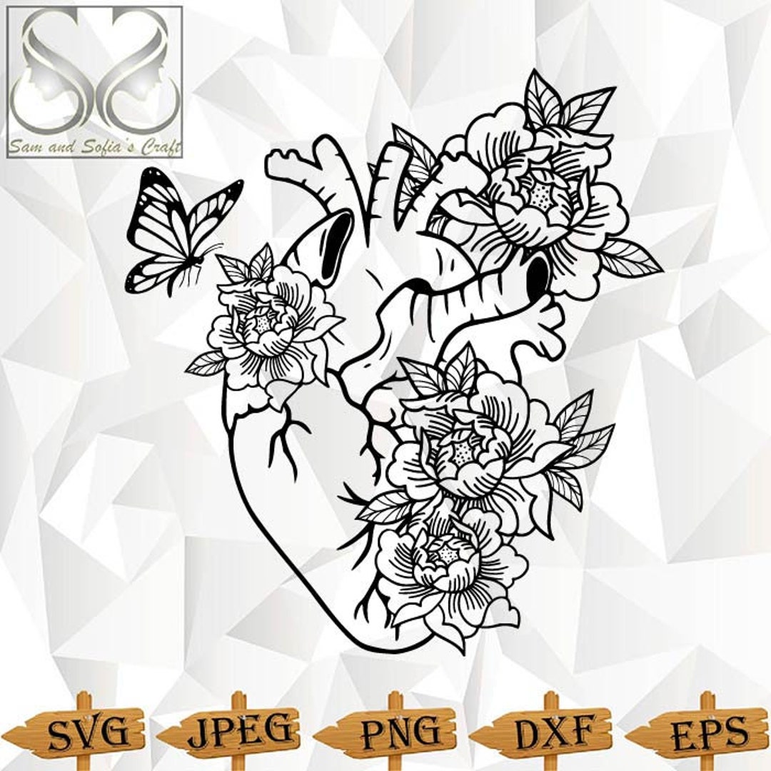 Floral Heart Svg Cardiology Svg Anatomical Heart With Flowers Svg