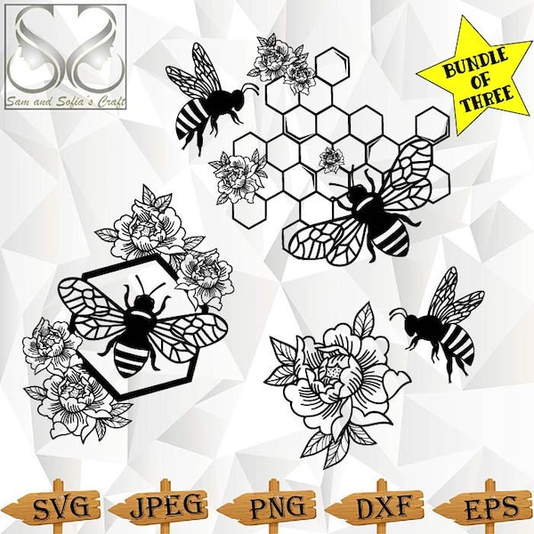 Floral Bee Bundle Floral Bee Svg Queen Bee Svg Bee With Honeycomb Svg ...