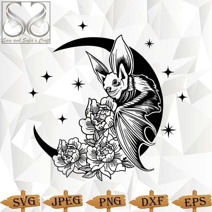 Floral Bat and Moon Svg | Mystical Bat Svg | Flower Moon Svg | Bat ...