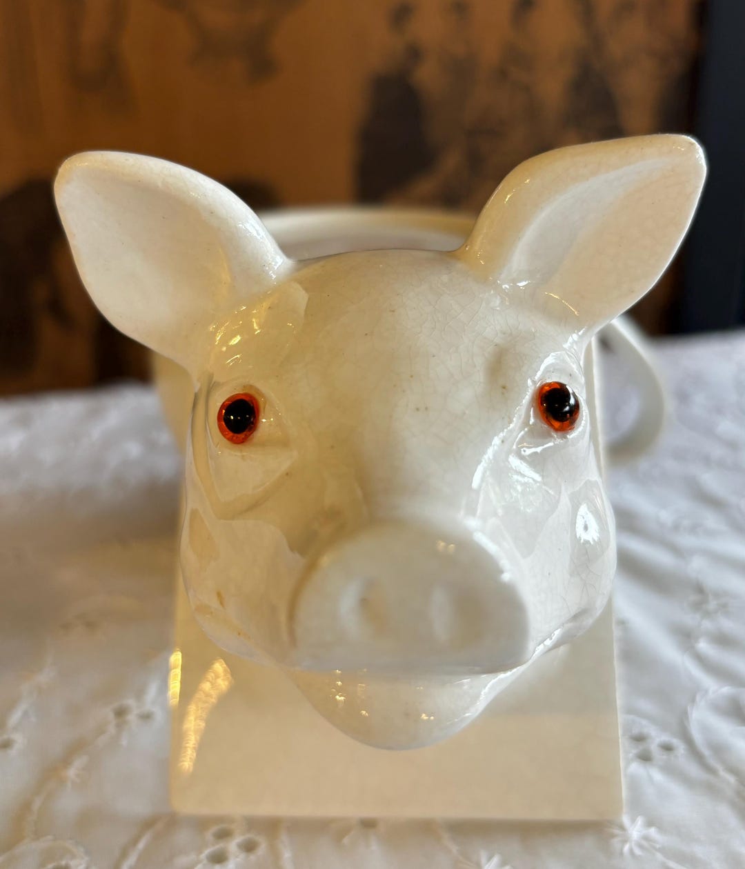 Vintage Ceramic Wall Mount Apron Hanger White Pig With Amber Glass Eyes ...