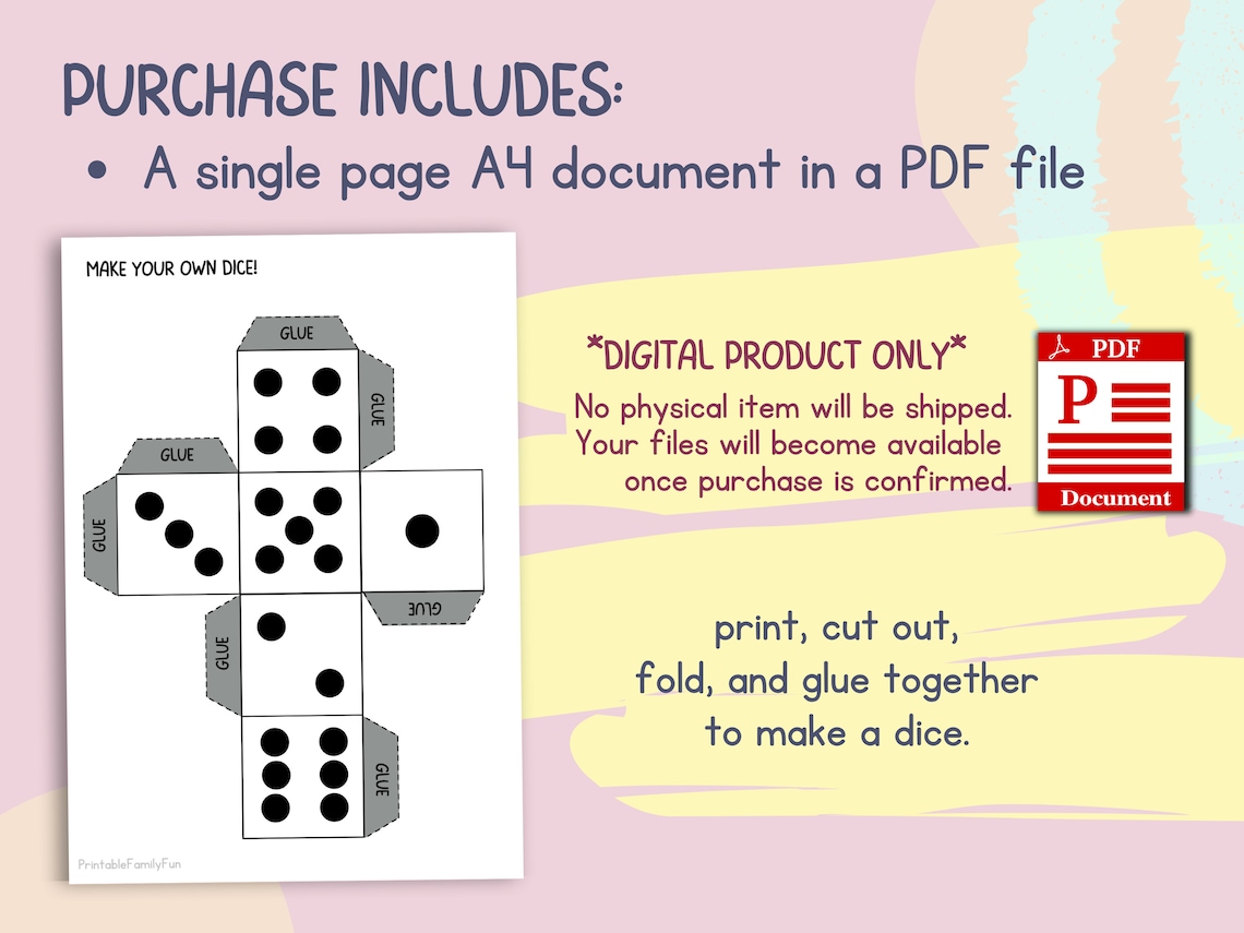 Printable Dice, Dice Template, Kids Maths Worksheet, Paper Craft Kit ...