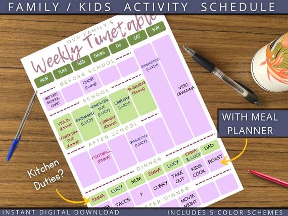 Family Schedule Kids Activity Planner With Dinner Planner - Etsy