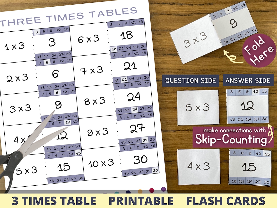 3 Times Tables Flash Cards Printable Multiplication Flash - Etsy