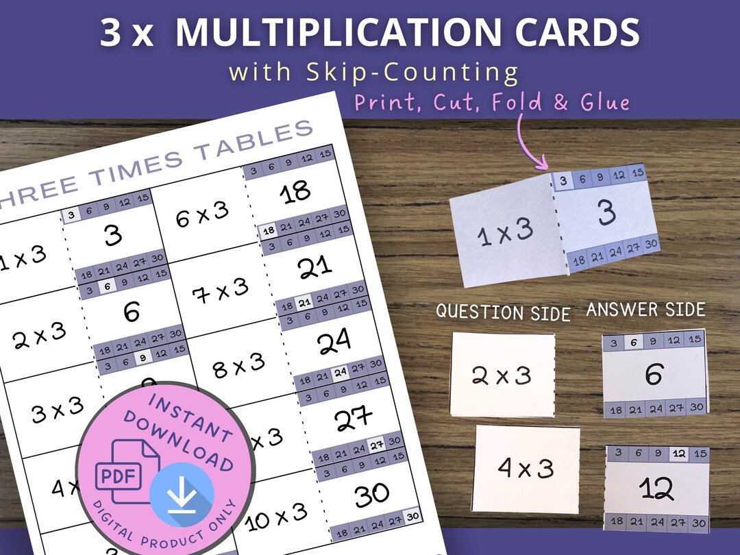 3 Times Tables Flash Cards, Printable Multiplication Flash Cards, Math ...