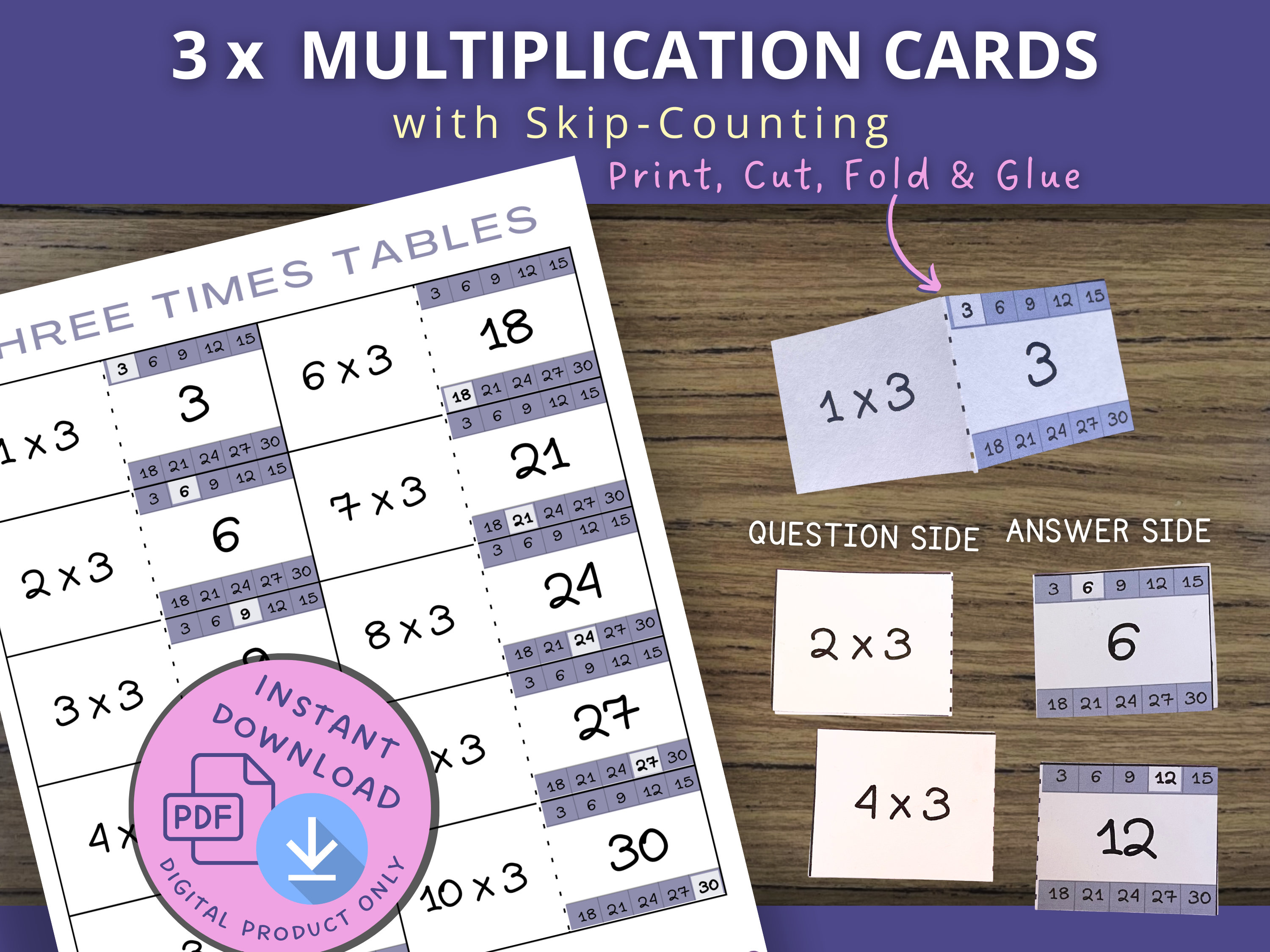 3 Times Tables Flash Cards, Printable Multiplication Flash Cards, Math ...