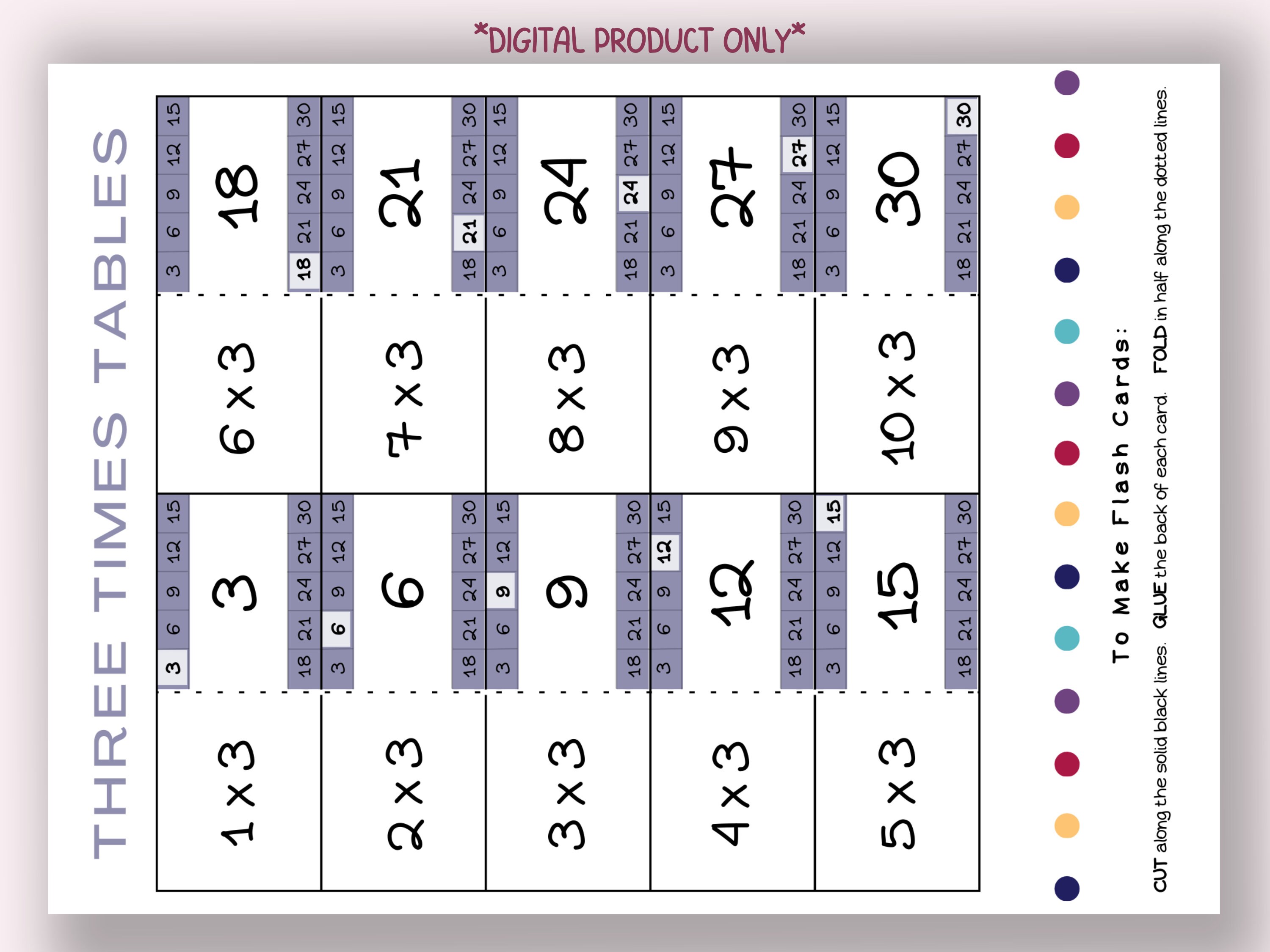 3 Times Tables Flash Cards, Printable Multiplication Flash Cards, Math ...
