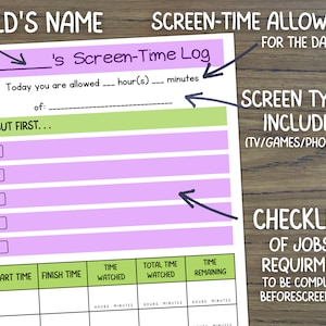 Screen Time Checklist and Log, Printable, Screen Time Rules, Daily ...