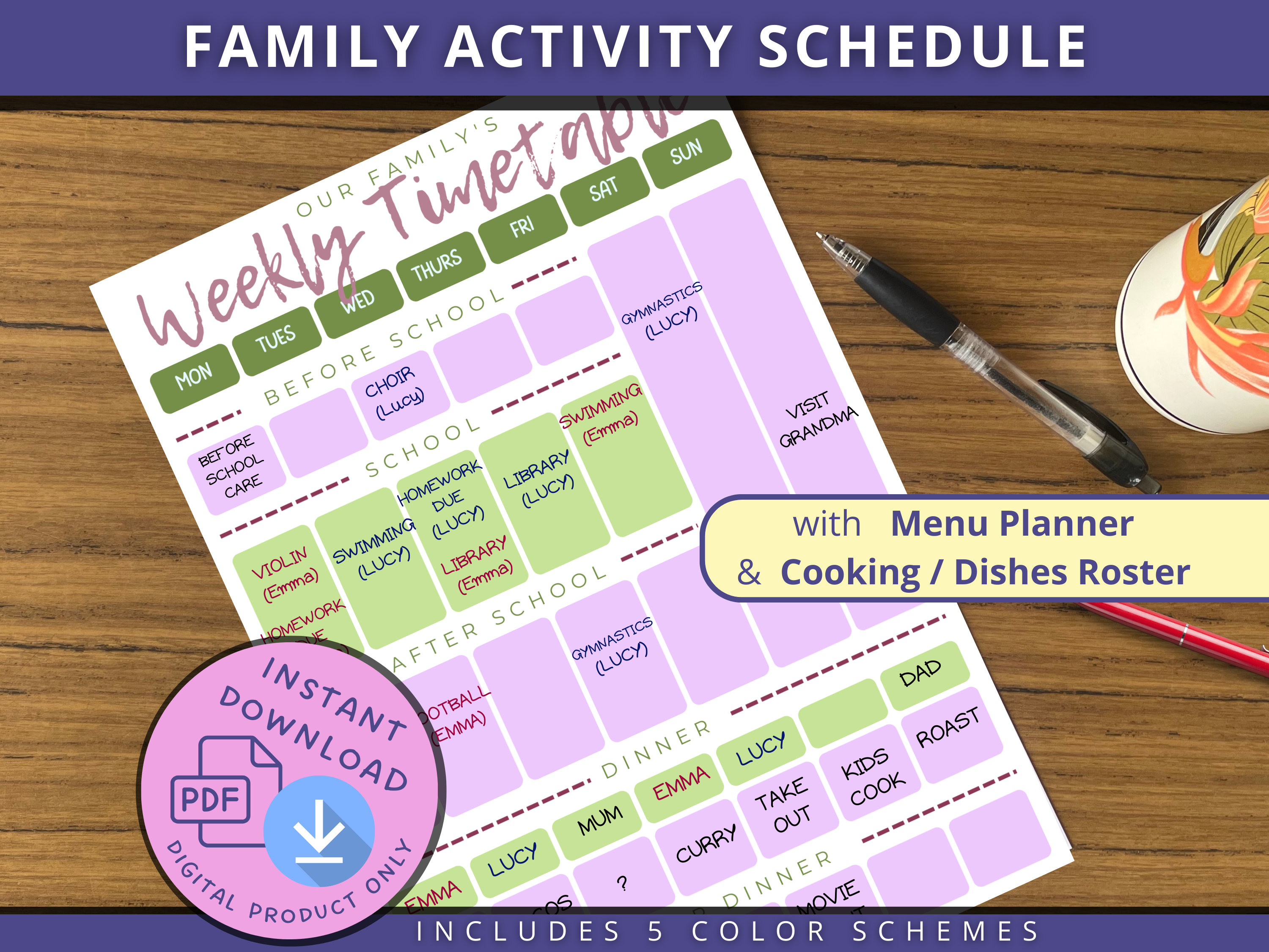 Family Schedule, Kids Activity Planner, With Dinner Planner and Kitchen ...