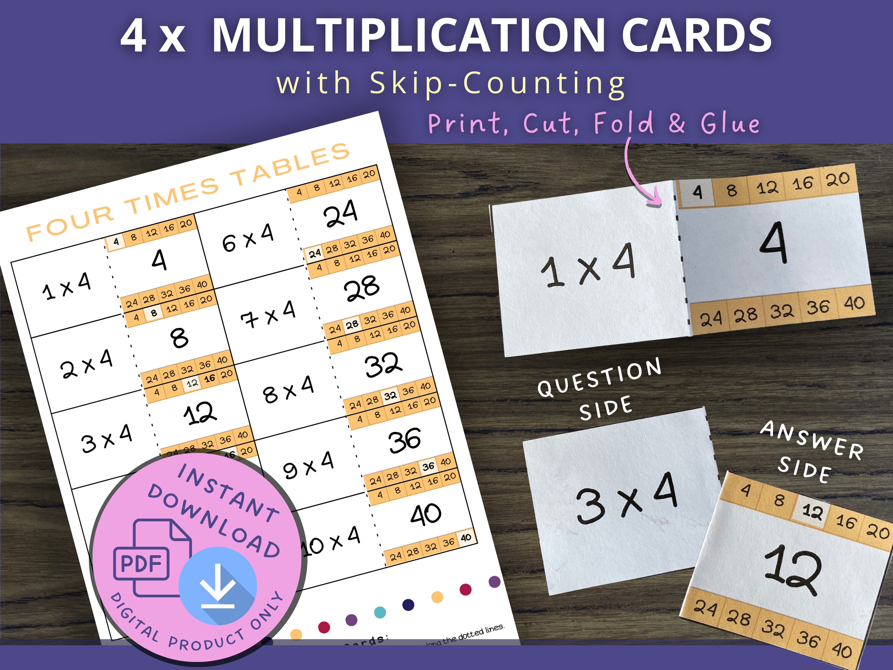 4 Times Tables Flash Cards, Printable Multiplication Flash Cards, Math ...