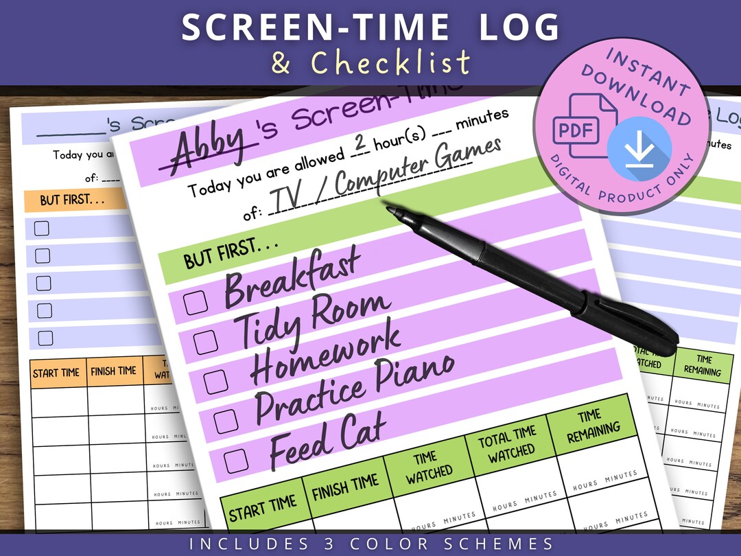 Screen Time Checklist and Log, Printable, Screen Time Rules, Daily ...