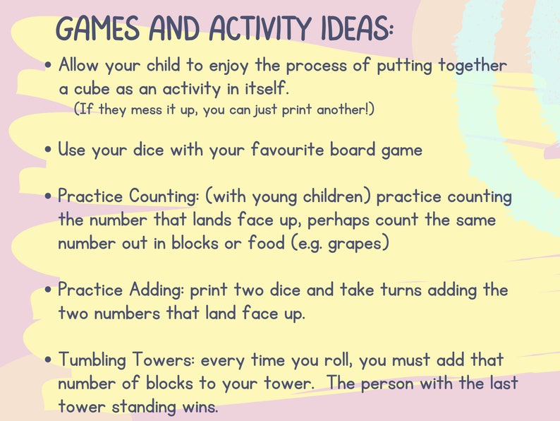 Printable Dice, Dice Template, Kids Maths Worksheet, Paper Craft Kit ...