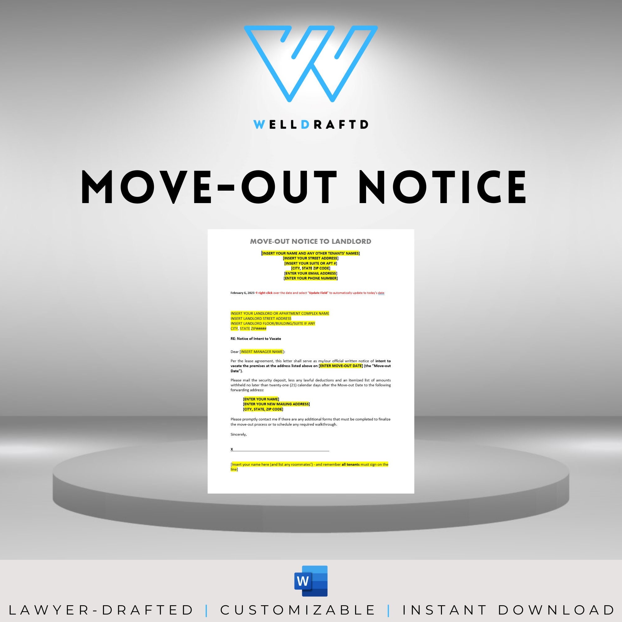 Move-out Notice Letter Template (notice of Tenant's Intent to Vacate ...