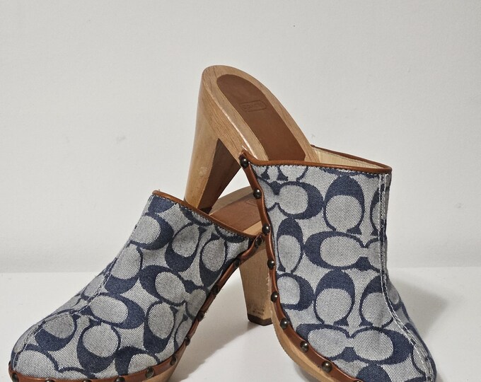 Vintage Coach Blue Monogram Canvas Wooden Clogs Mules - Etsy