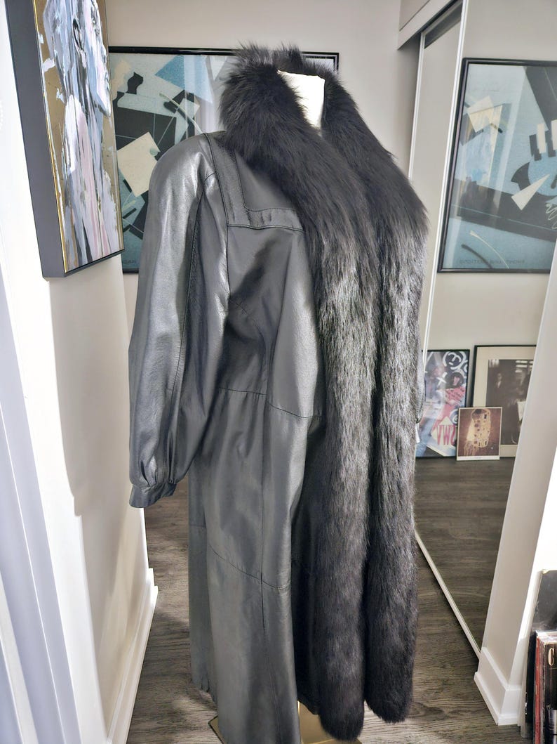 Long Black Leather Coat With Fur Trim - Etsy