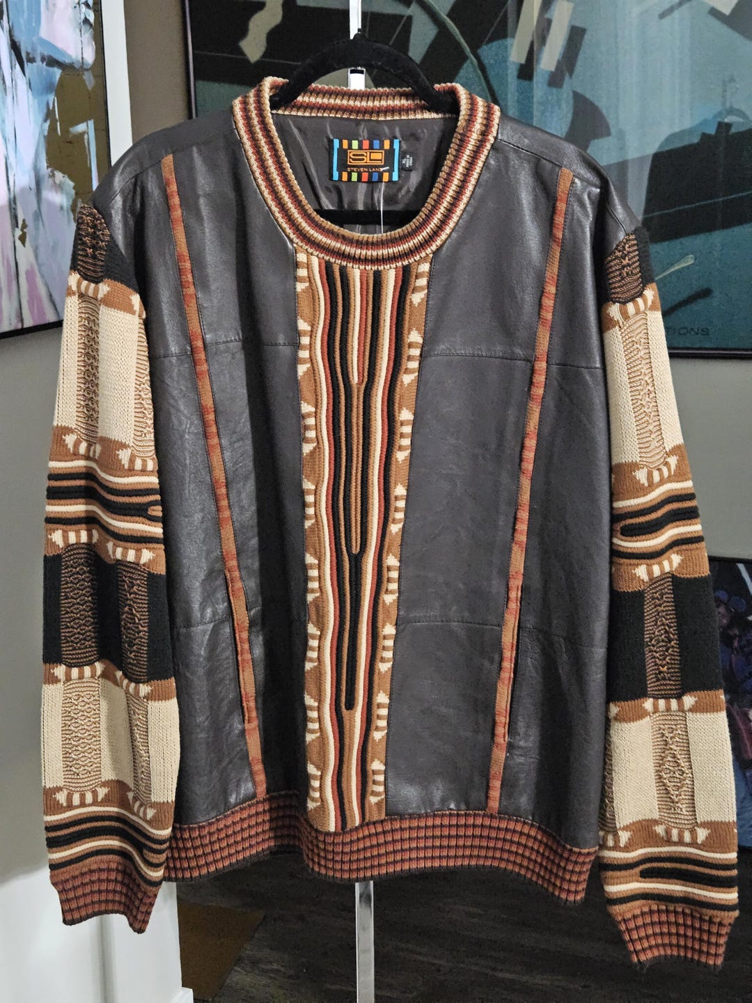 Vintage Steven Land Coogi Style Print Leather Sweater - Etsy