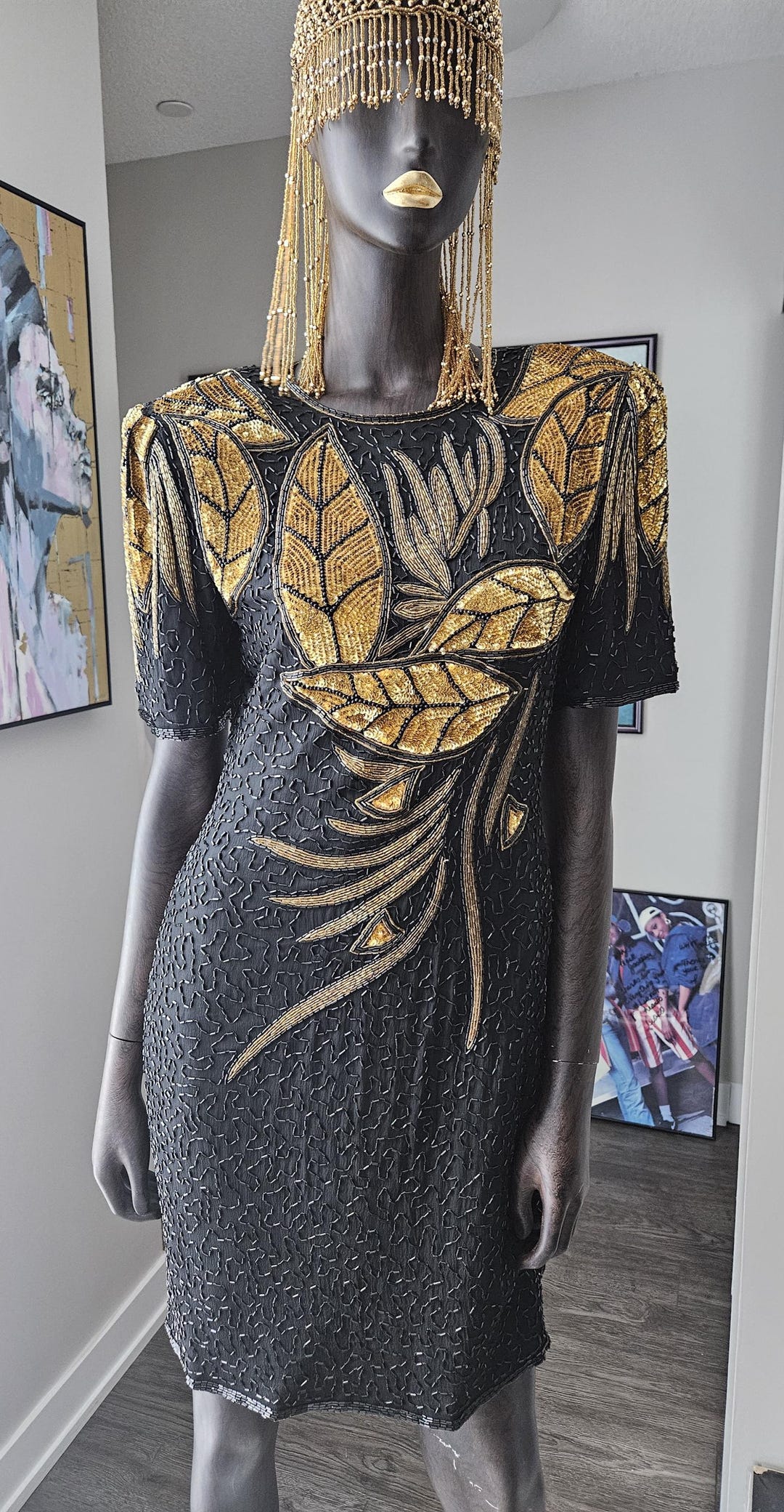 Vintage Razzle Dazzle Black Gold Sequin Beaded Silk Dress - Etsy