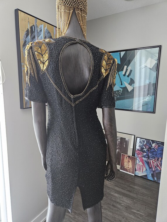 Vintage Razzle Dazzle Black Gold Sequin Beaded Silk D… - Gem
