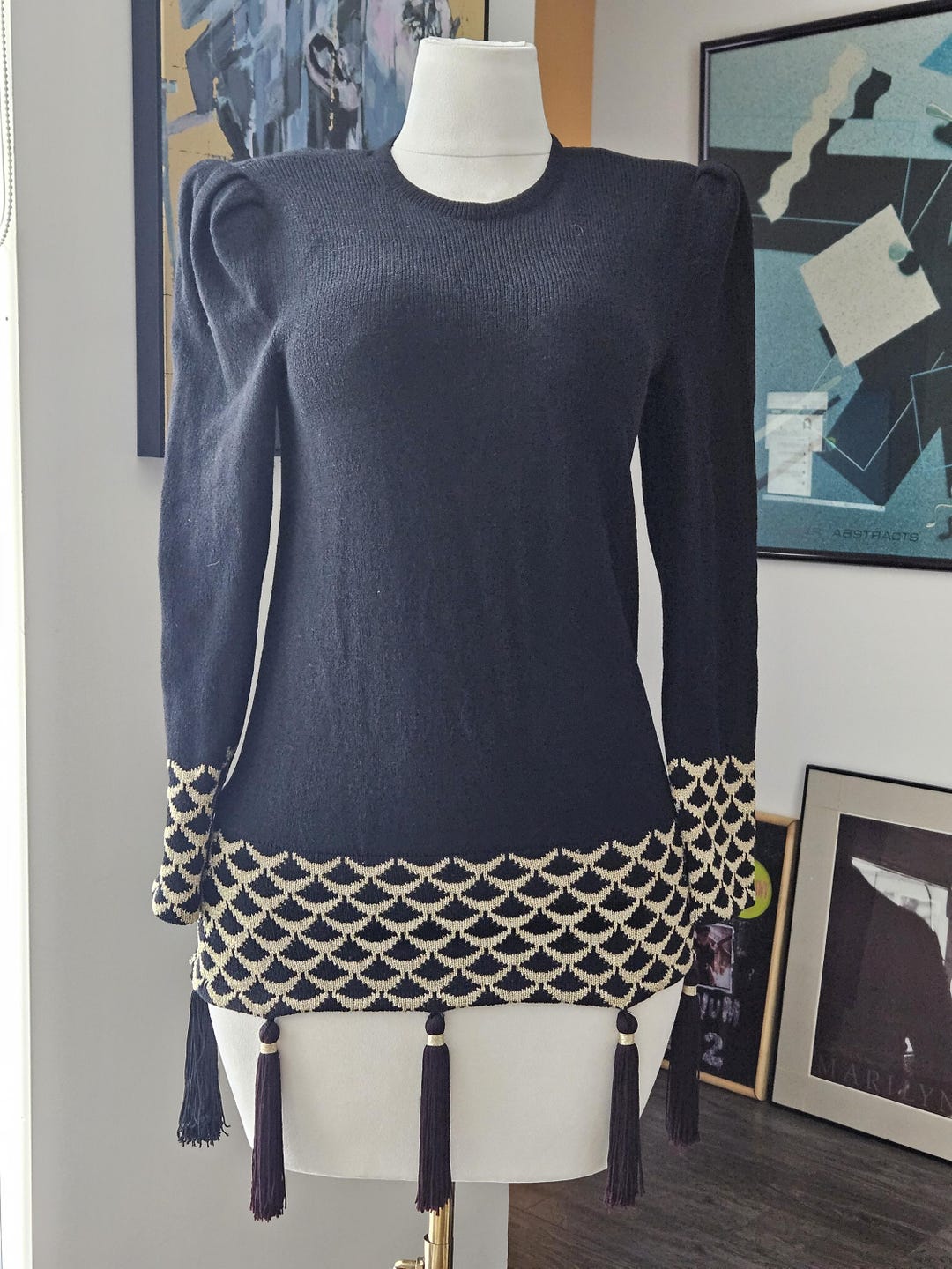 Vintage Raul Blanco Black Gold Hand Loomed Tassel Knit Sweater - Etsy