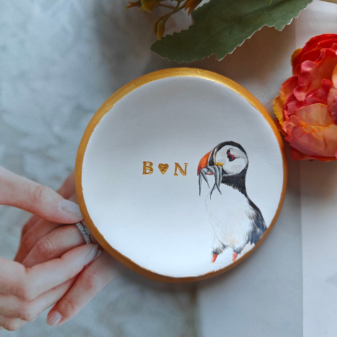 Hand Painted Puffin Ring Dish / Personalized Wedding Gift / Jewelry ...
