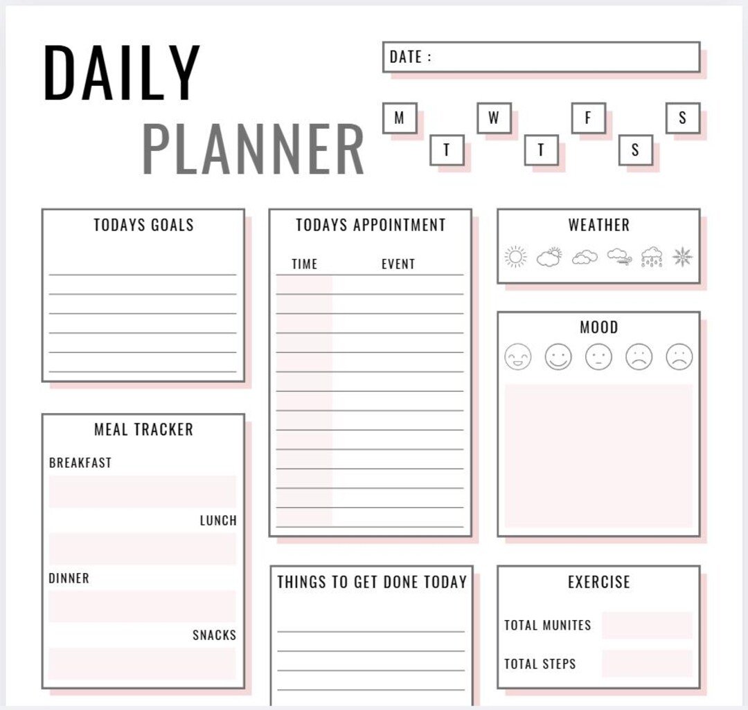 Pink Minimal Daily Planner | Printable Productivity Sheet (PDF) - Etsy