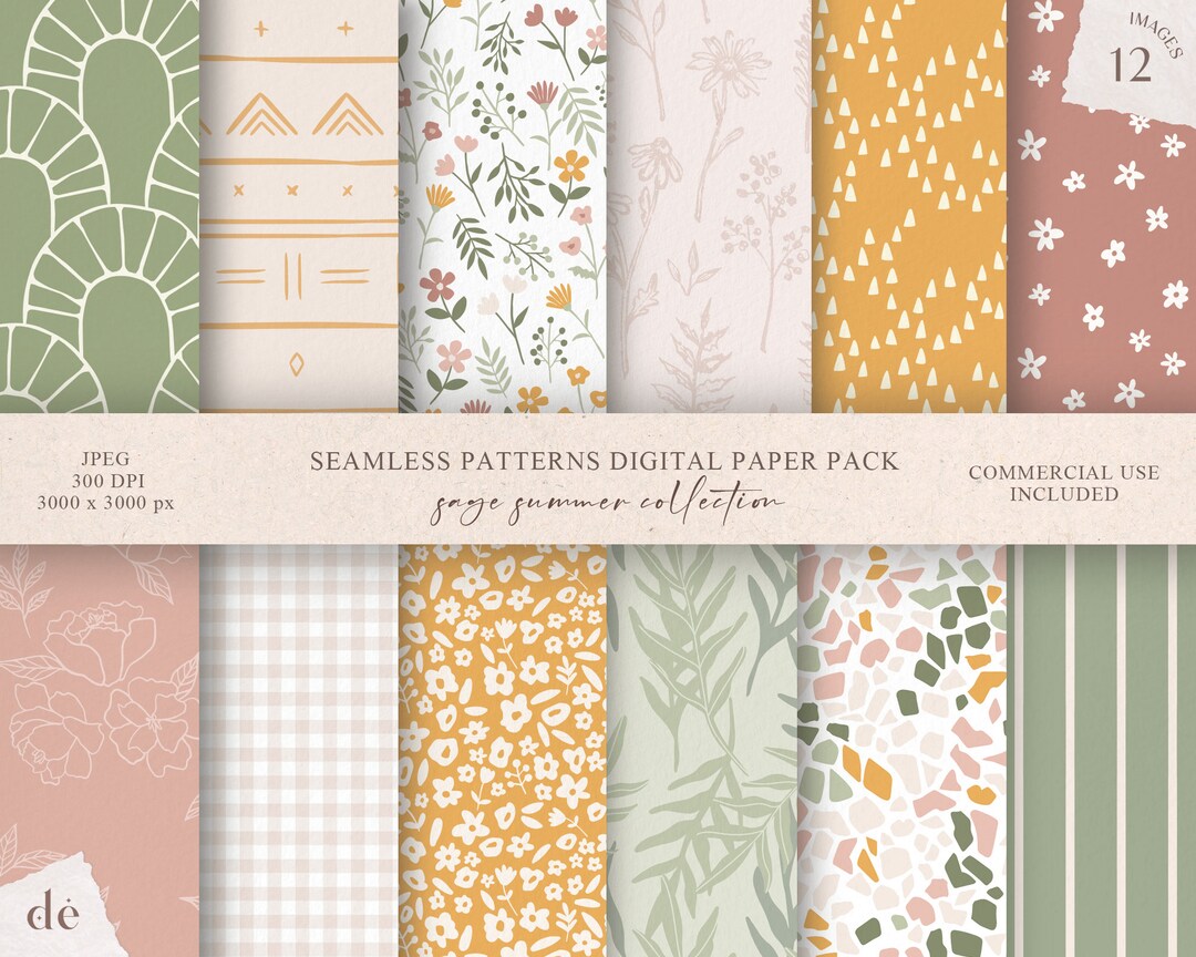 Sage Boho Summer Digital Paper Pack, Floral Seamless Pattern Bundle ...