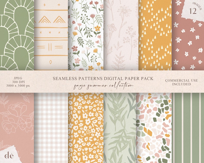Sage Boho Summer Digital Paper Pack Floral Seamless Pattern - Etsy