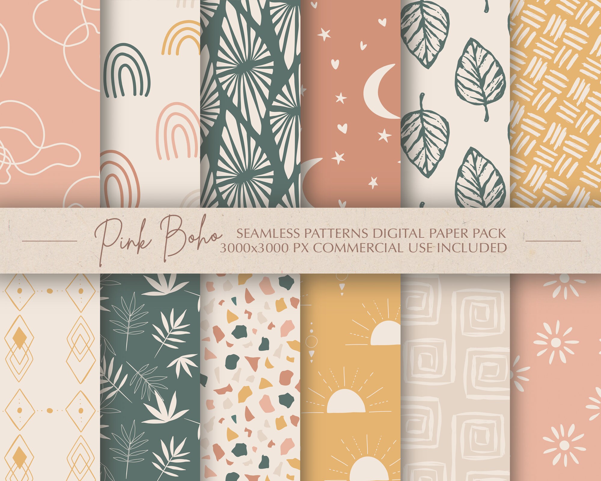 12 Pink Beige Green Boho Seamless Patterns Digital Paper Pack - Etsy
