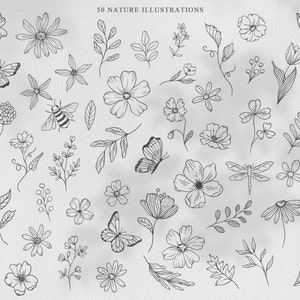 Flower Line Art Clipart Set With Leaves SVG, Hand Drawn Floral Bundle ...