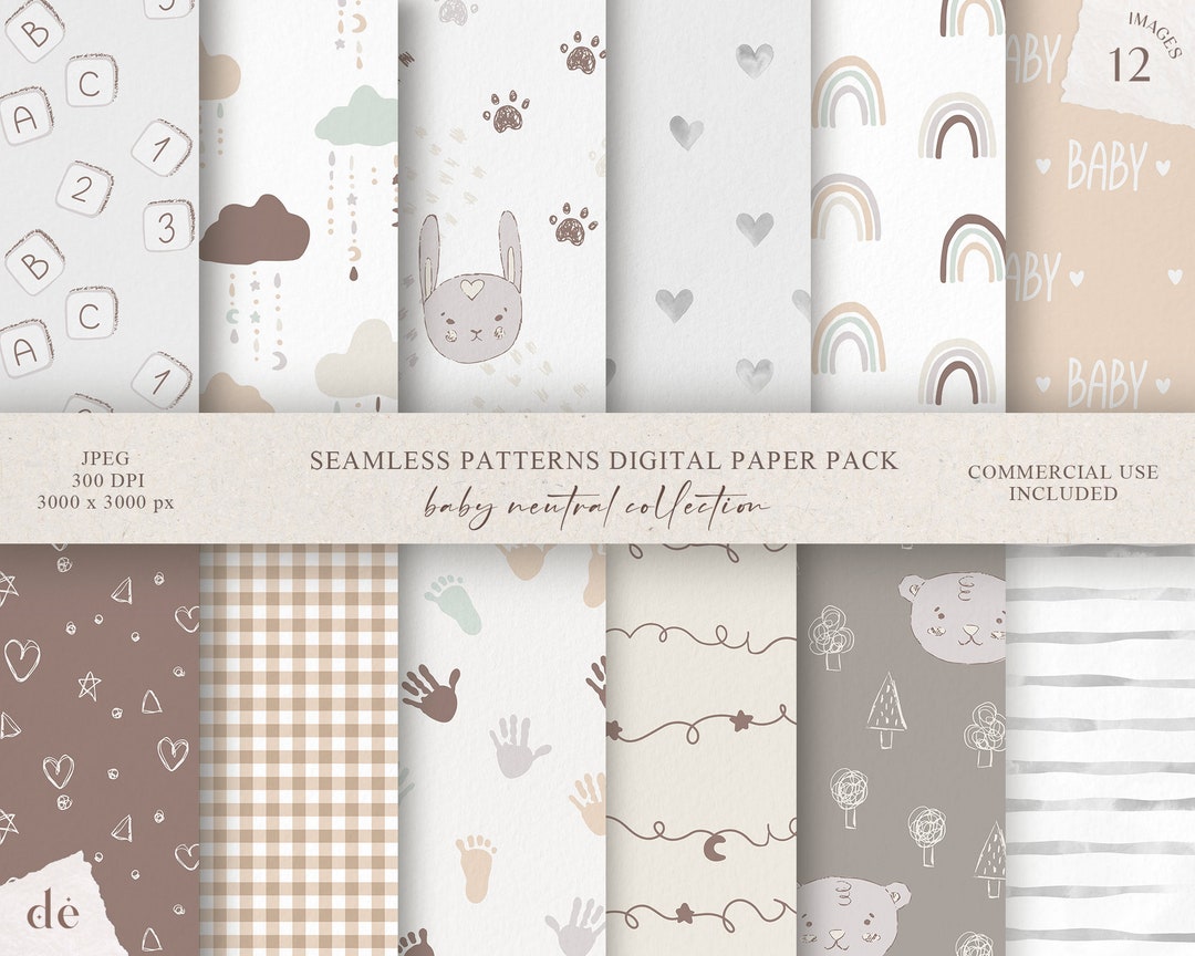 Neutral Baby Digital Papers Pack JPG, Beige Cute Seamless Patterns for ...