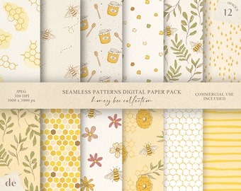 12 Seamless Digital Patterns, Watercolor Bee Honeycomb, Use for Cards ...