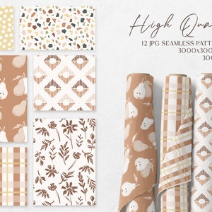 Fall Boho Digital Paper Pack JPG, Autumn Pumpkin and Leaves Bohemian ...