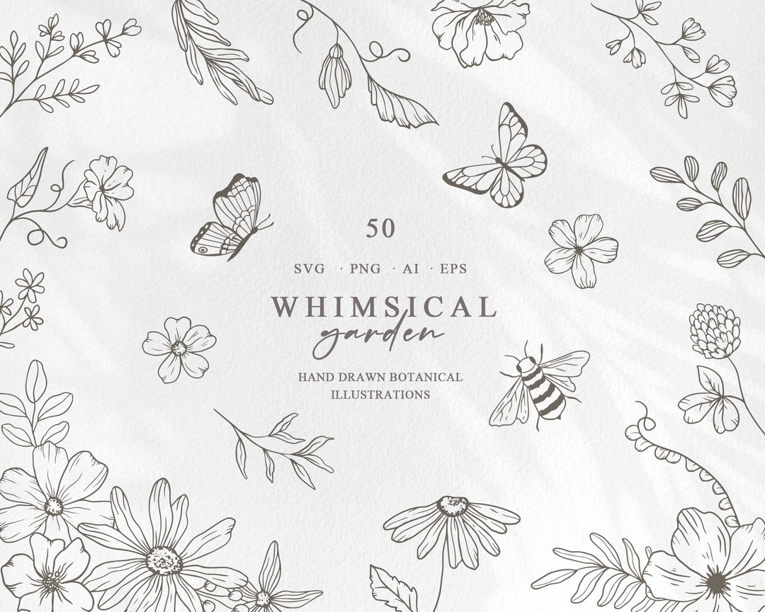 Flower Line Art Clipart Set With Leaves SVG, Hand Drawn Floral Bundle ...