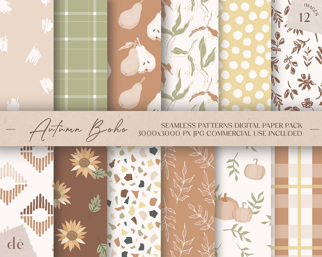 Fall Boho Digital Paper Pack JPG, Autumn Pumpkin and Leaves Bohemian ...
